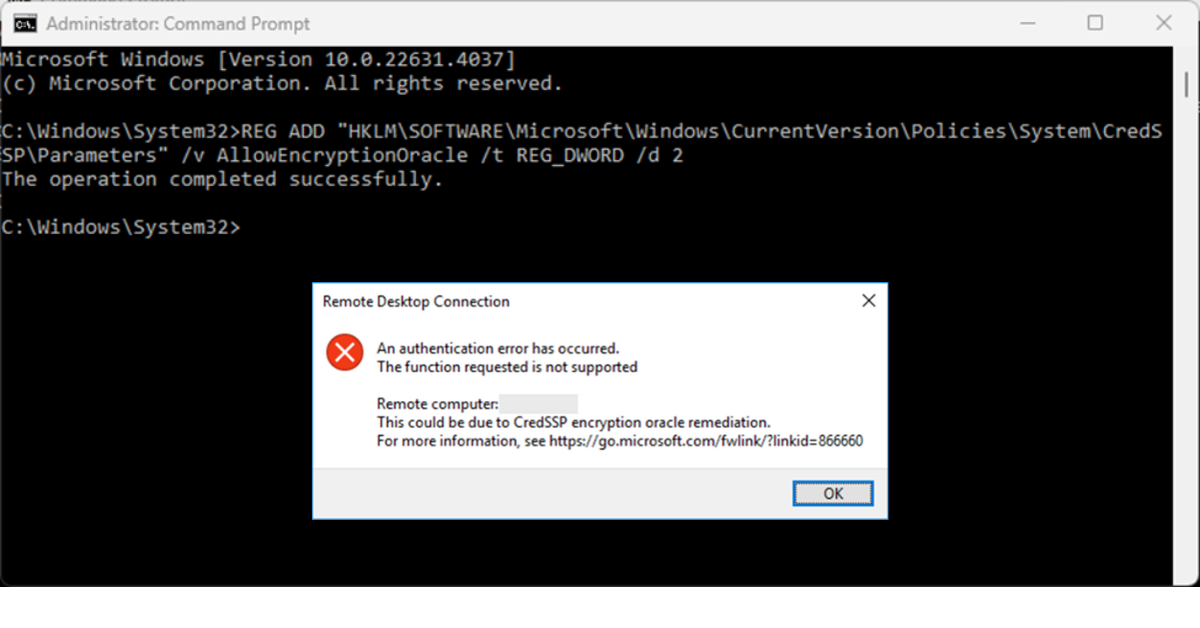 There was an issue with Remote Desktop encountering an error. “Modifying Oracle CredSSP ...
